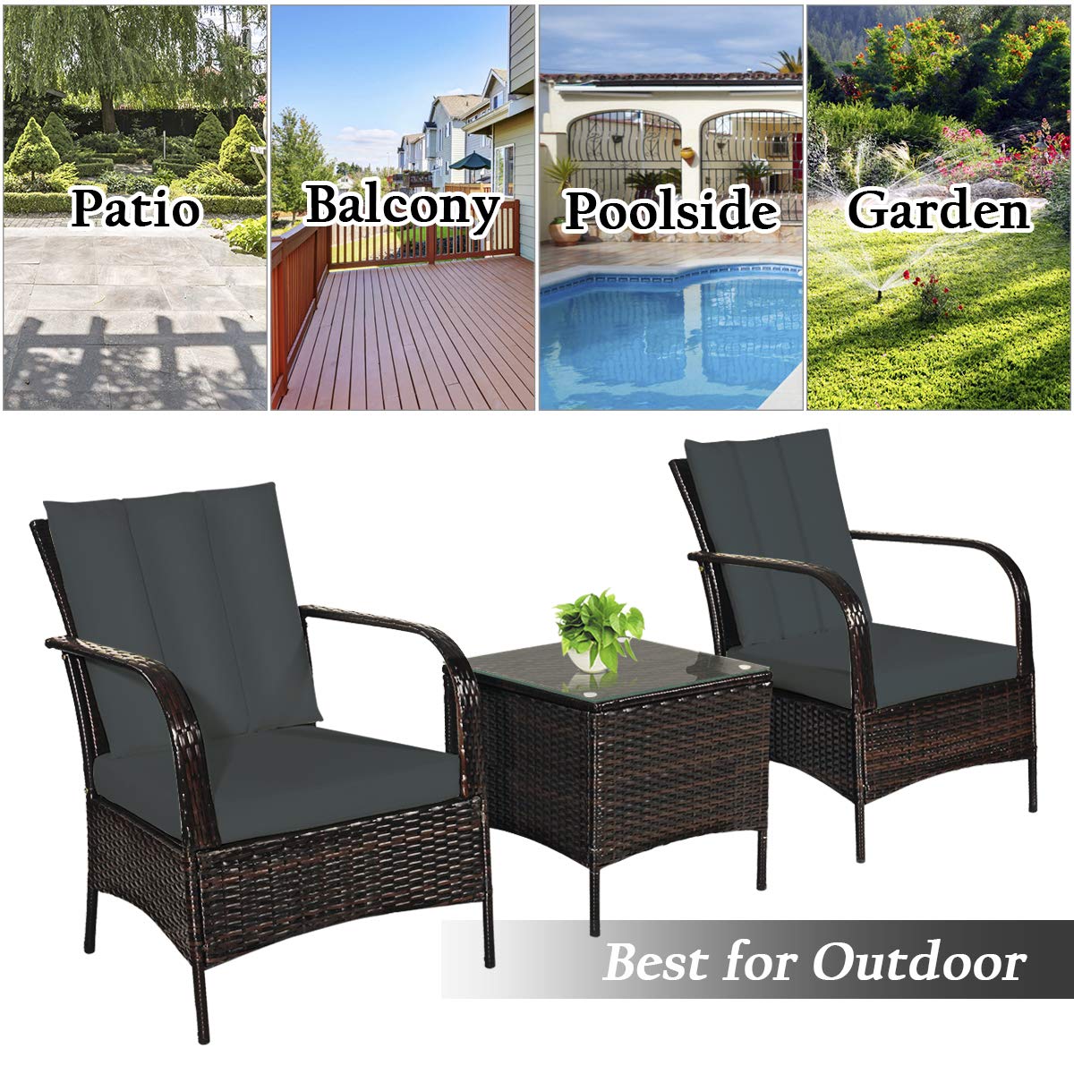 DORTALA 3 Piece Wicker Patio Furniture Set, Outdoor PE Rattan Conversation Set with Chairs, Cushions & Coffee Table for Patio Garden Poolside, Grey