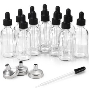 12 pack, 2 oz glass eye dropper bottles w/ 3 stainless steel funnels & 1 long pipette dropper & 24 labels - 60ml clear tincture bottles for essential oils, liquids - leakproof travel essential bottles