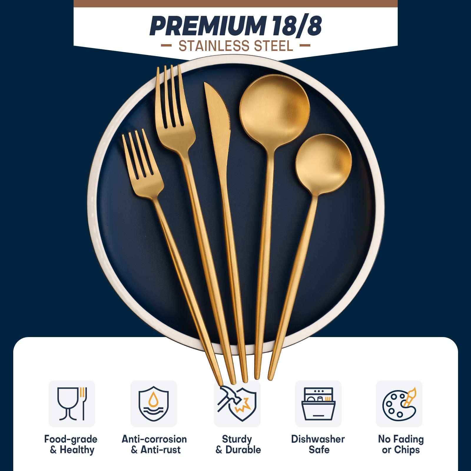 Luxury Matte Gold Silverware Set, 20-Piece 18/8 Stainless Steel Flatware Sets for 4, Dishwasher Safe