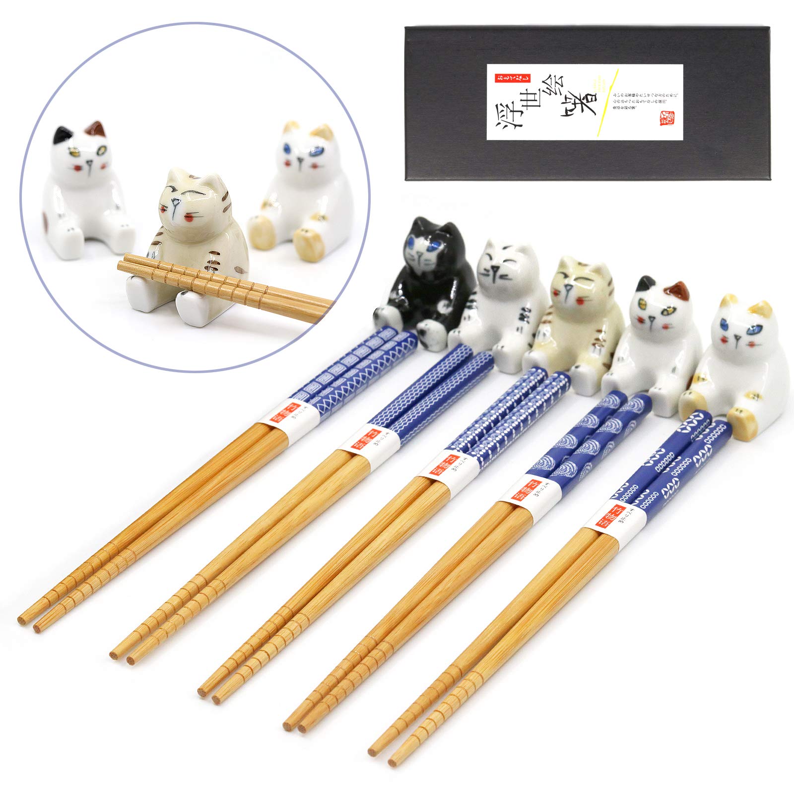 MeowHaus 5 Pairs Japanese Style Bamboo Chopsticks with Cartoon Cute Fat Cat Chopstick Rest gift set,Natural Bamboo Wooden Reusable Lightweight Non Slip Classic Tasteful Chinese Chopstick