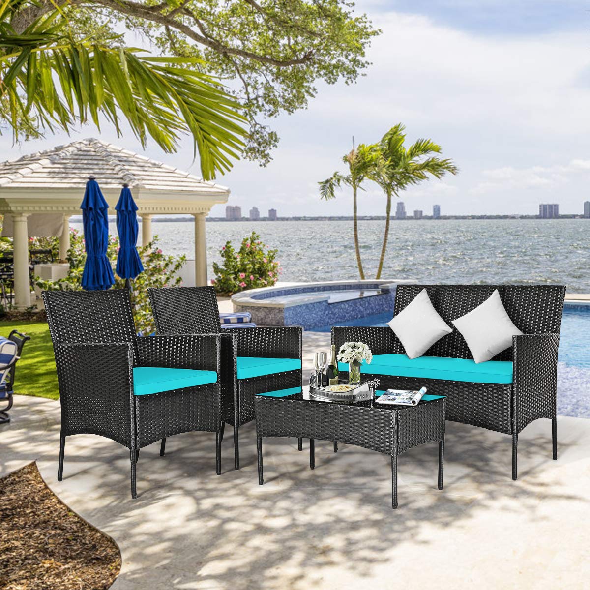 Tangkula 8 Piece Patio Furniture Set, Outdoor Wicker Conversation Set with Tempered Glass Coffee Table, Rattan Loveseat & Chairs Set with Seat Cushions for Backyard, Garden, Poolside (2, Turquoise)