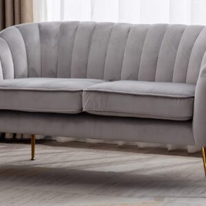 Artechworks Contemporary Tufted Velvet Tub Barrel Loveseat Sofa Chair Upholstered Couch with Golden Metal Legs Club Two-Seat Sofa for Living Reading Room Bedroom Apartment Small Space Dorm, Grey