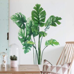 leaf wall decals monstera leaf tropical plants wall stickers for living room, palm leaf wall posters natural green plants art murals vinyl wallpaper for bedroom nursery office