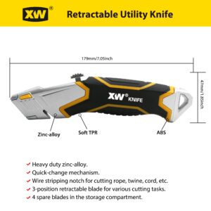 XW Retractable Utility Knife, Heavy Duty Box Cutter with 4 Spare Blade Storage in Handle,10 Extra Blades