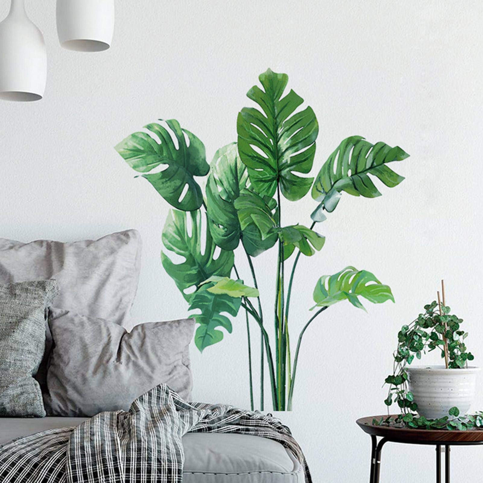 Leaf Wall Decals Monstera Leaf Tropical Plants Wall Stickers for Living Room, Palm Leaf Wall Posters Natural Green Plants Art Murals Vinyl Wallpaper for Bedroom Nursery Office