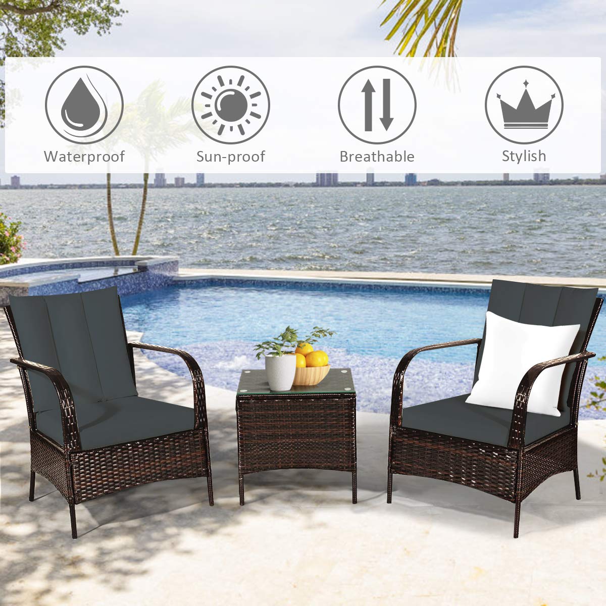 DORTALA 3 Piece Wicker Patio Furniture Set, Outdoor PE Rattan Conversation Set with Chairs, Cushions & Coffee Table for Patio Garden Poolside, Grey