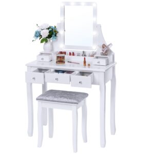 bewishome vanity set with lighted mirror, 10 led dimmable bulbs, cushioned stool, makeup vanity makeup table dressing table 5 drawers 2 dividers removable organizers white fst08w