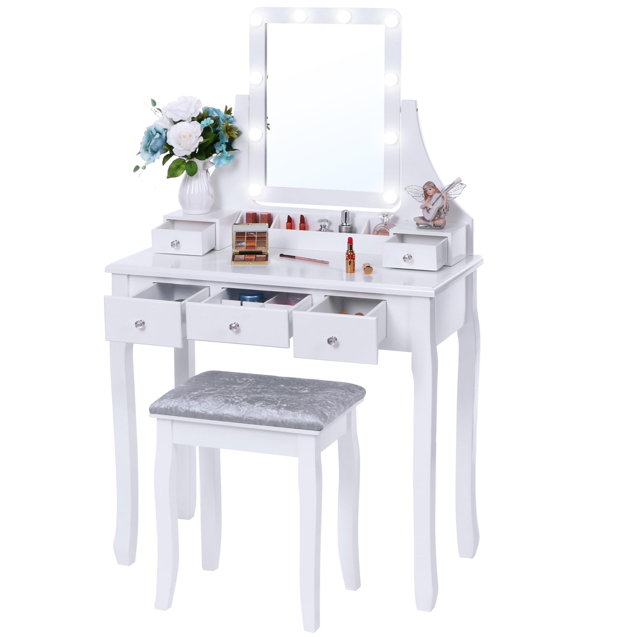 BEWISHOME Vanity Set with Lighted Mirror, 10 LED Dimmable Bulbs, Cushioned Stool, Makeup Vanity Makeup Table Dressing Table 5 Drawers 2 Dividers Removable Organizers White FST08W