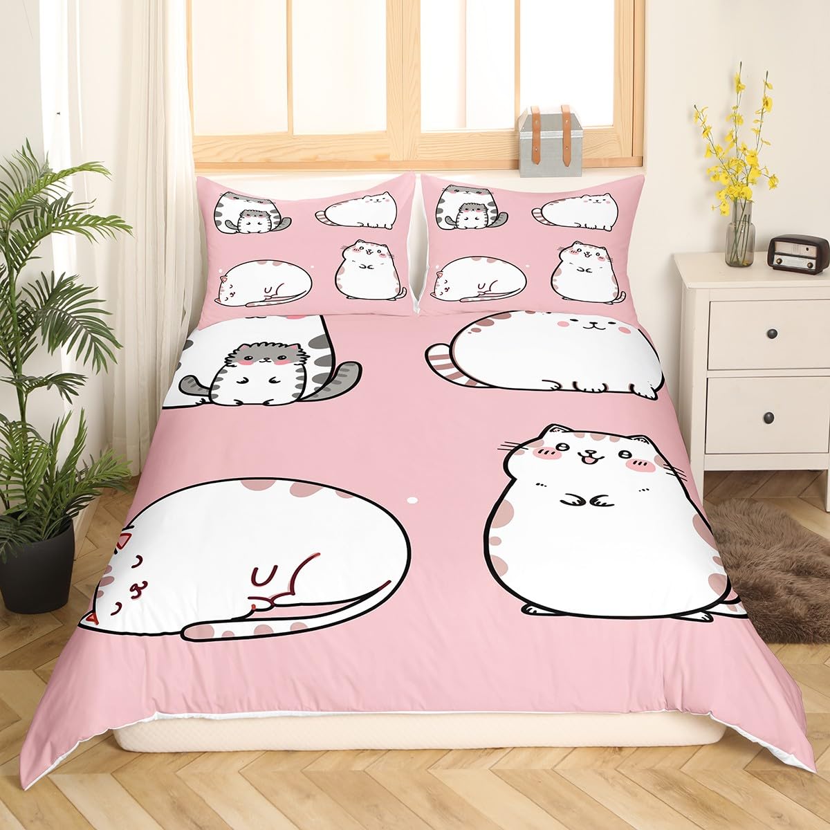 Feelyou Kids Cat Comforter Cover Girls Cute Pet Cats Pattern Bedding Set Cartoon Kitten Print Duvet Cover for Children Boys Microfiber Lovely Animal Bedspread Cover Room Decor Bedclothes Twin Size