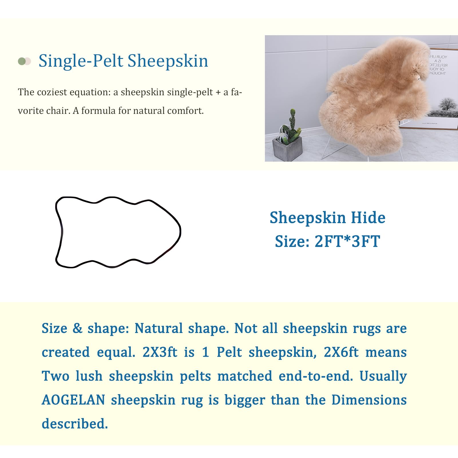 AOGELAN Shaggy Fur Area Rug, Genuine New Zealand Sheepskin Rug, Soft Fur Prayer Pup Carpet Mat, Single Pelt 2ft x 3ft (Light Brown, 2x3ft)