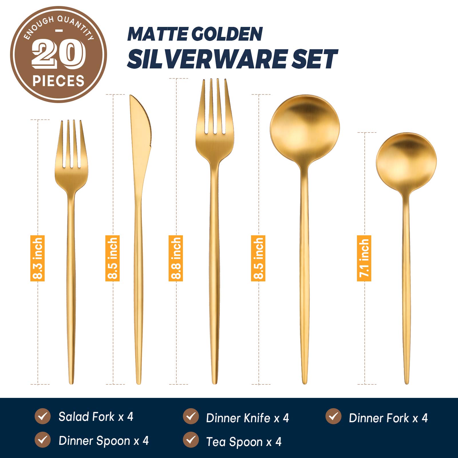 Luxury Matte Gold Silverware Set, 20-Piece 18/8 Stainless Steel Flatware Sets for 4, Dishwasher Safe