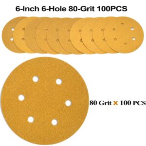 Aiyard 6-Inch 6-Hole Hook and Loop Sanding Discs 80-Grit, Random Orbital Sandpaper for Automotive and Woodworking, 100-Pack