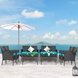 Tangkula 8 Piece Patio Furniture Set, Outdoor Wicker Conversation Set with Tempered Glass Coffee Table, Rattan Loveseat & Chairs Set with Seat Cushions for Backyard, Garden, Poolside (2, Turquoise)