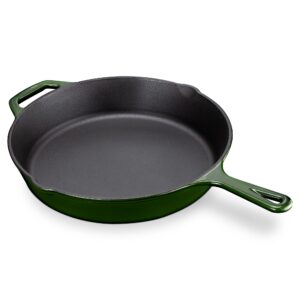 navaris enameled cast iron skillet - 12" frying pan with enamel coated finish - 12 inch kitchen cookware fry griddle for stove top and oven - green