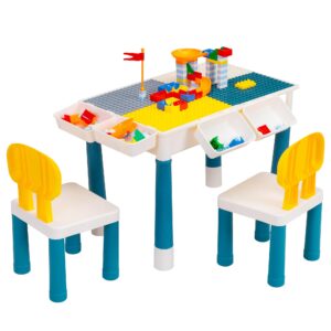 sandinrayli 7-in-1 kid activity table set w/2 chairs & 100pcs large size blocks, compatible with classic blocks, water/sand table, building block table for toddler (macaron)