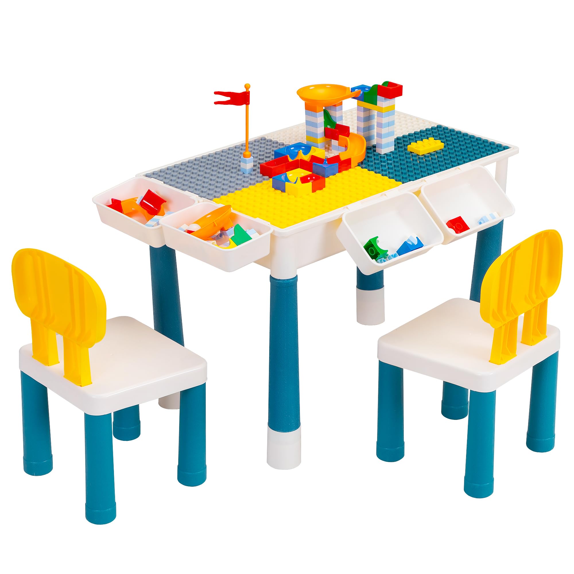 Sandinrayli 7-in-1 Kid Activity Table Set w/2 Chairs & 100Pcs Large Size Blocks, Compatible with Classic Blocks, Water/Sand Table, Building Block Table for Toddler (Macaron)