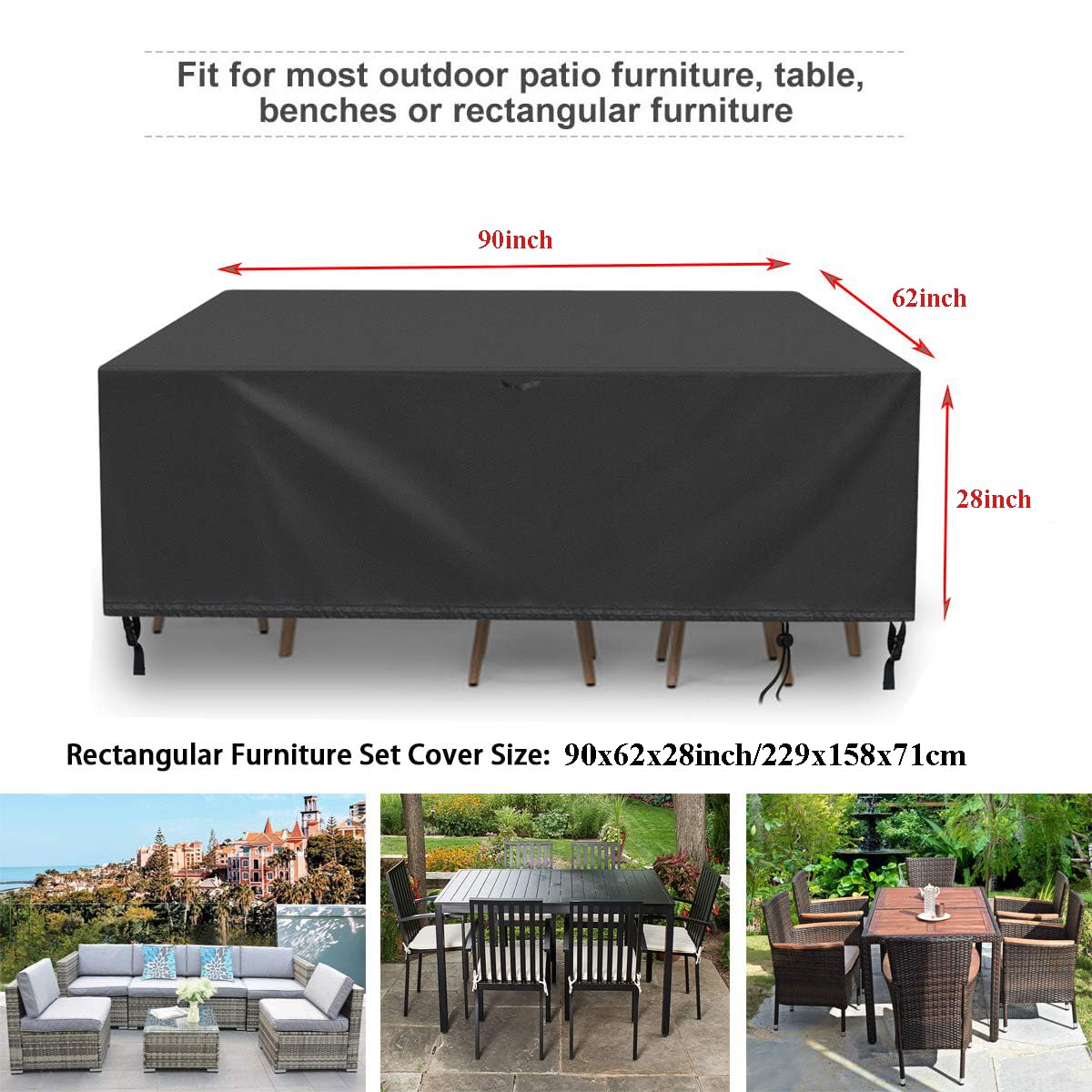 POMER Patio Furniture Cover, 90 inch Rectangle Outdoor Table Cover for Sofa Sectional Waterproof Heavy Duty Garden Couch Cover - 90x62x28 inch