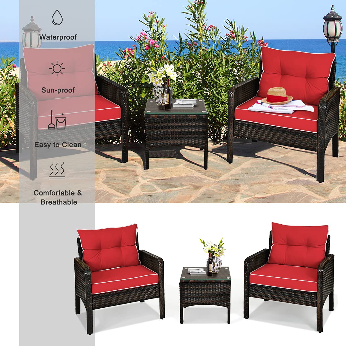 DORTALA 3 Piece Patio Furniture Set, Outdoor Rattan Wicker Conversation Set with Cushions, Glass Top Coffee Table for Garden Balcony Poolside, Red