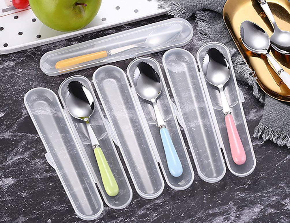 Goeielewe Grapefruit Spoons with Round Serrated Edges for Citrus Kiwi Fruit and Dessert, Ceramic Handle Stainless Steel Dessert Spoons with Storage Box (Blue)