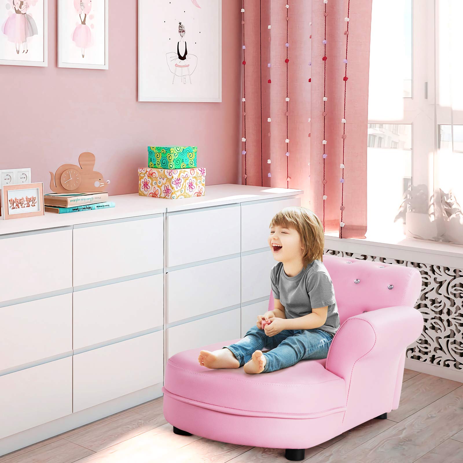 GLACER Kids Sofa, Pink Toddler Couch Princess Sofa with PVC Leather and Embedded Crystal, Upholstered Children Chaise Lounge, Baby Sofa Chair Children Armchair for Girls