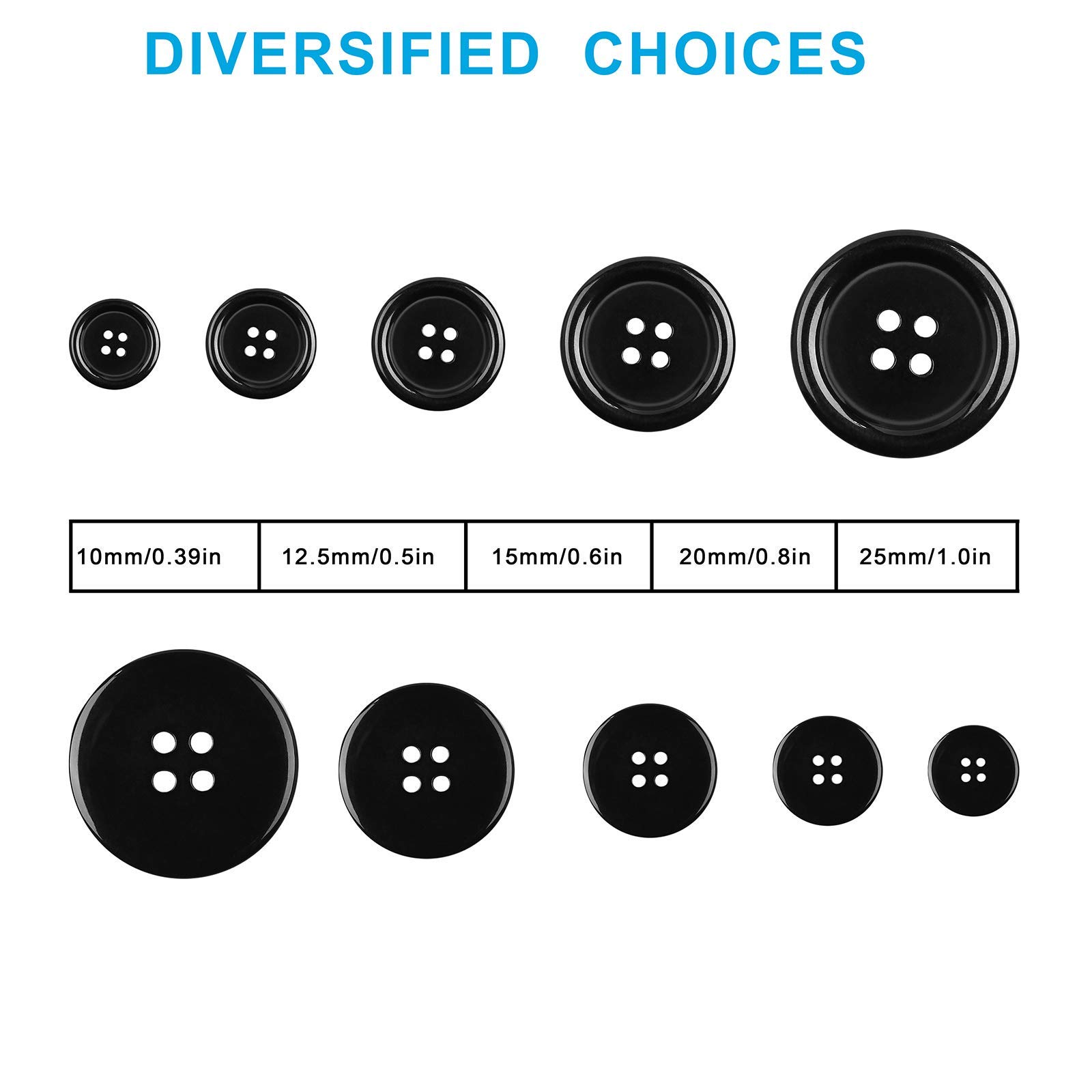 100 Pcs Premium Mixed Resin Sewing Buttons, ONLYWEE Eco-Friendly 4-Hole Craft Buttons, 5 Sizes of Black Buttons Suitable for Sewing, DIY and Holiday Decoration(Black)