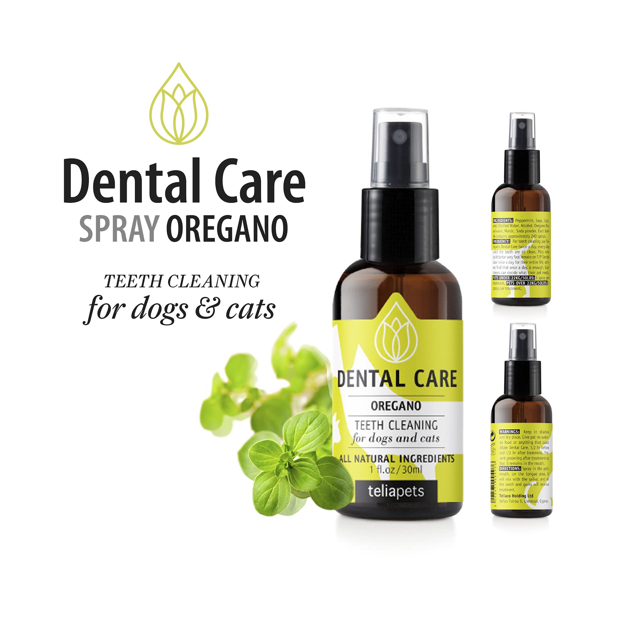 Teliapets Oregano Dental Care Spray for Pet's Teeth & Gums - Natural Dog's & Cat's Teeth Cleanser - Bad Breath, Plaque, Periodontitis & Gingivitis Fighter -Quick & Simple Oral Relief - 30ml / 1oz