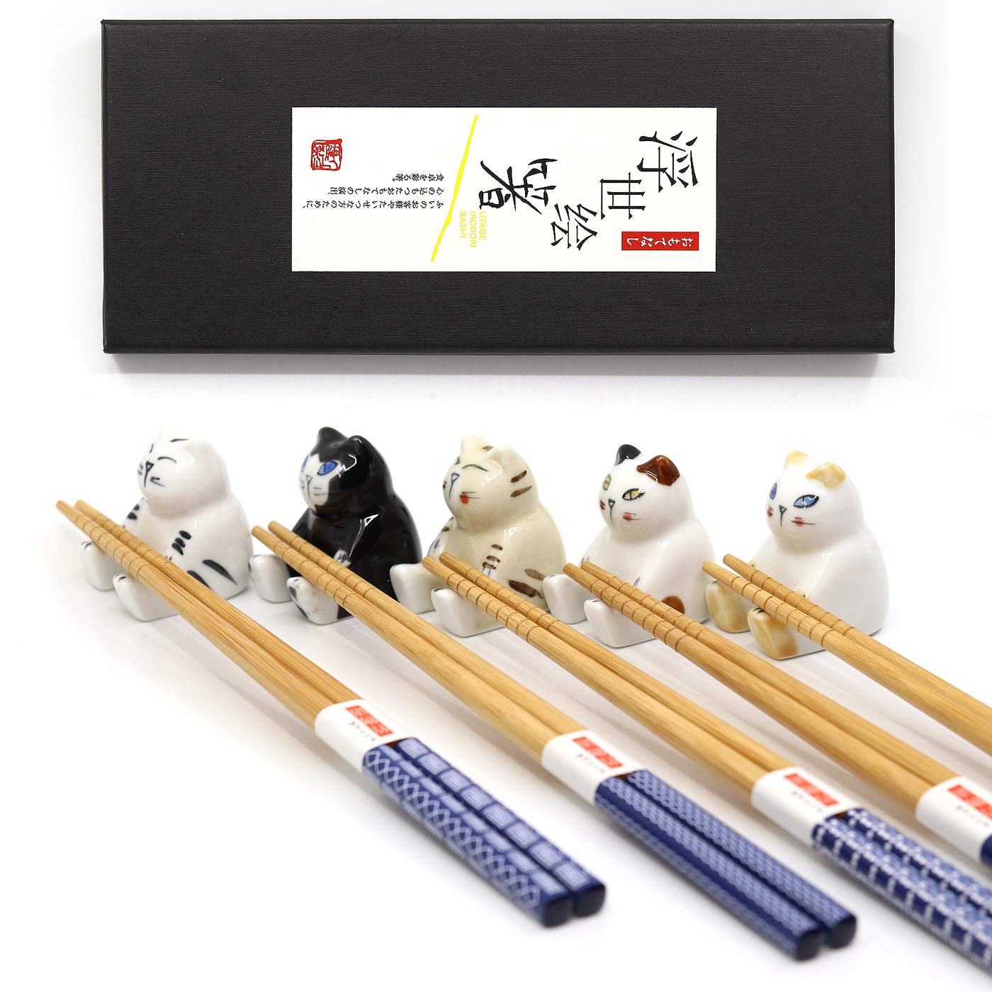 MeowHaus 5 Pairs Japanese Style Bamboo Chopsticks with Cartoon Cute Fat Cat Chopstick Rest gift set,Natural Bamboo Wooden Reusable Lightweight Non Slip Classic Tasteful Chinese Chopstick