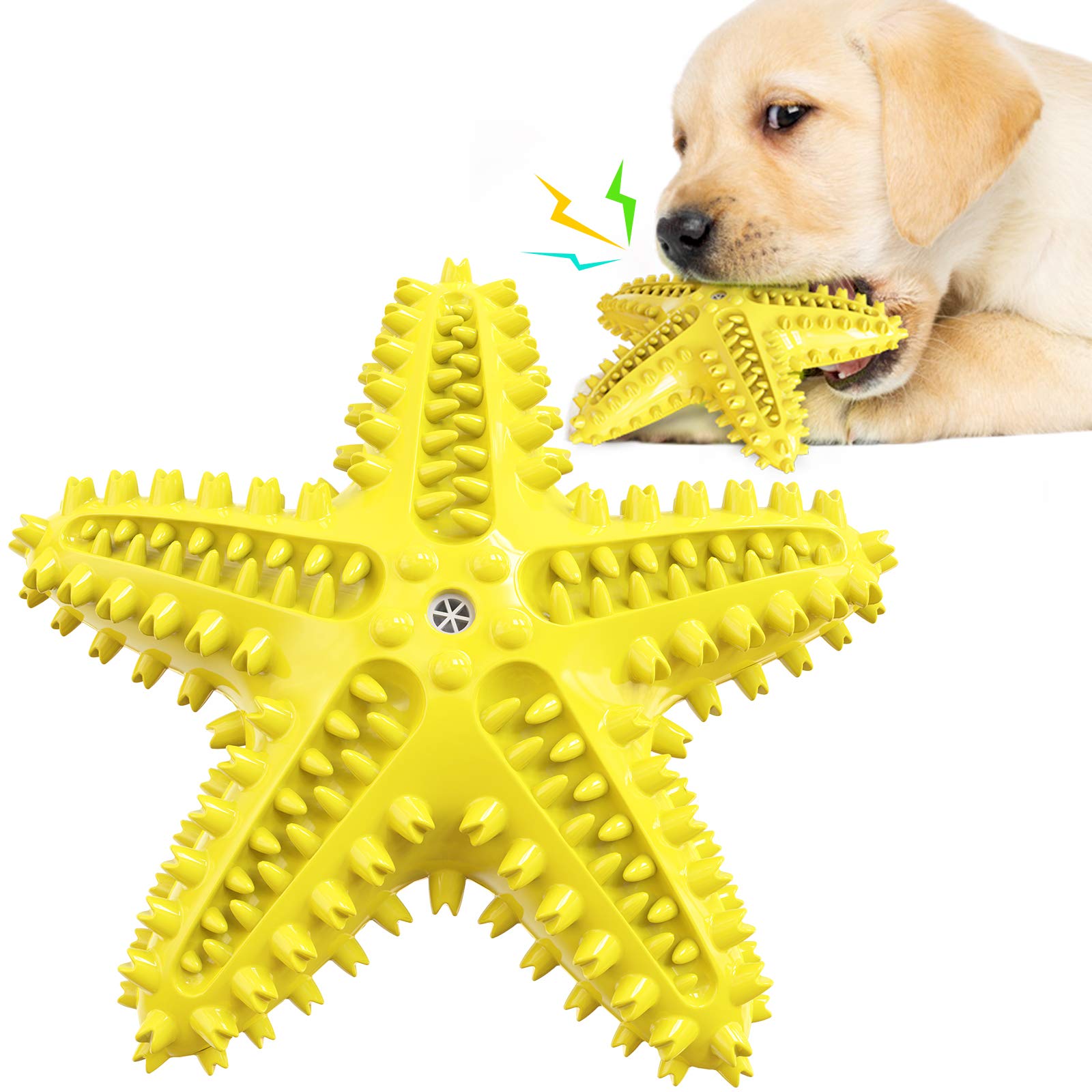 ANROD Dog Toothbrush Chew Toys for Aggressive Chewers Large Breed,Squeaky Talking Dogs Toy,Rubber Indestructible Tough Teeth Cleaning Stick for Small Dogs Dental Care (Yellow Starfish)