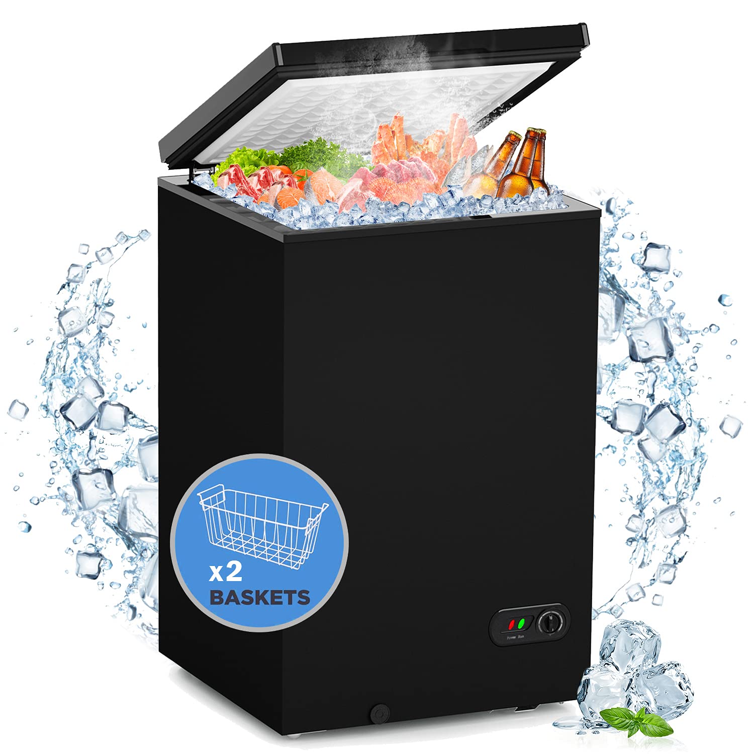 WATOOR 3.5 Cu.ft Chest Freezer Small Deep Freezer Mini Outdoor Chest Freezers Upright with 2 Removable Baskets 7 Temperature Settings Black…