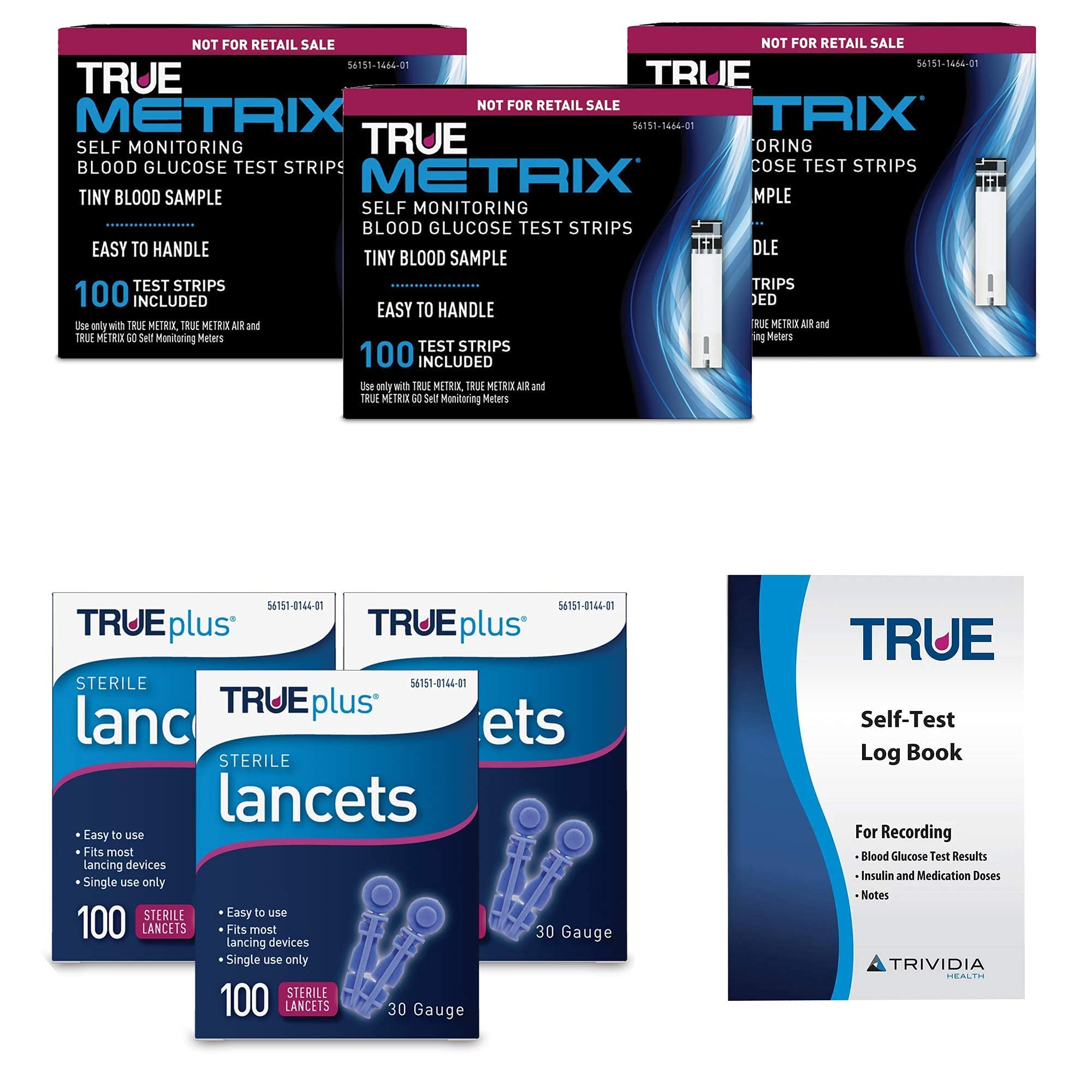 3X 100ct TRUE METRIX Test Strips + 3X 100ct 30g TRUEplus Lancets + TRUEplus Log Book