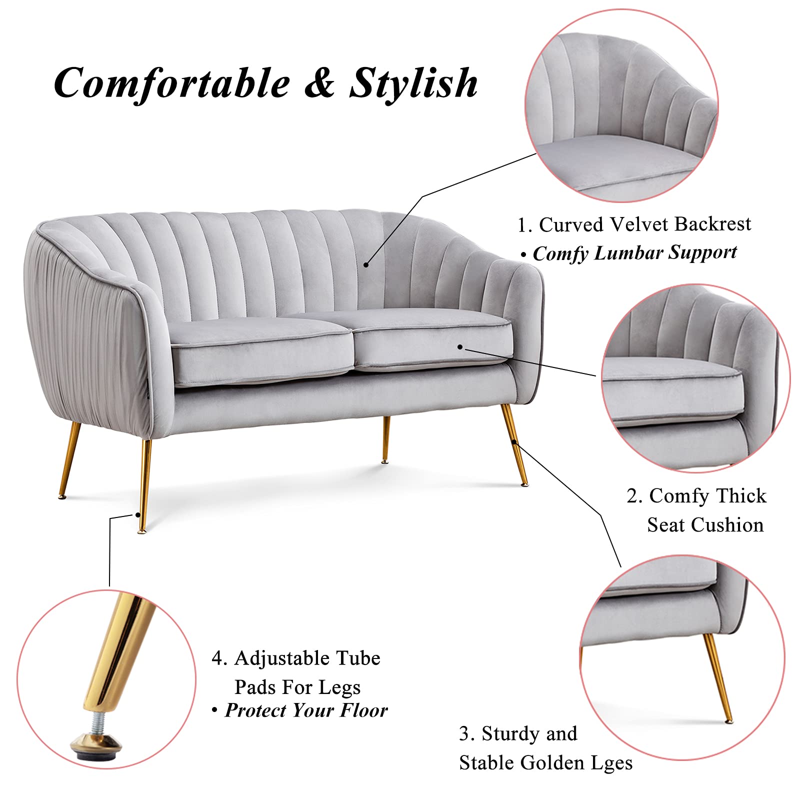 Artechworks Contemporary Tufted Velvet Tub Barrel Loveseat Sofa Chair Upholstered Couch with Golden Metal Legs Club Two-Seat Sofa for Living Reading Room Bedroom Apartment Small Space Dorm, Grey