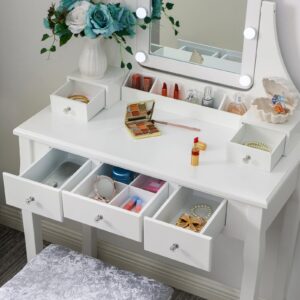 BEWISHOME Vanity Set with Lighted Mirror, 10 LED Dimmable Bulbs, Cushioned Stool, Makeup Vanity Makeup Table Dressing Table 5 Drawers 2 Dividers Removable Organizers White FST08W