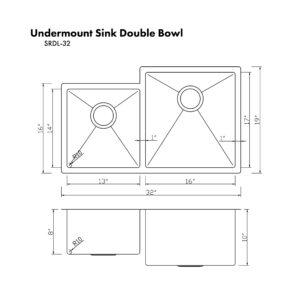 ZLINE 32" Jackson Undermount Double Bowl Stainless Steel Kitchen Sink with Bottom Grid (SRDL-32)