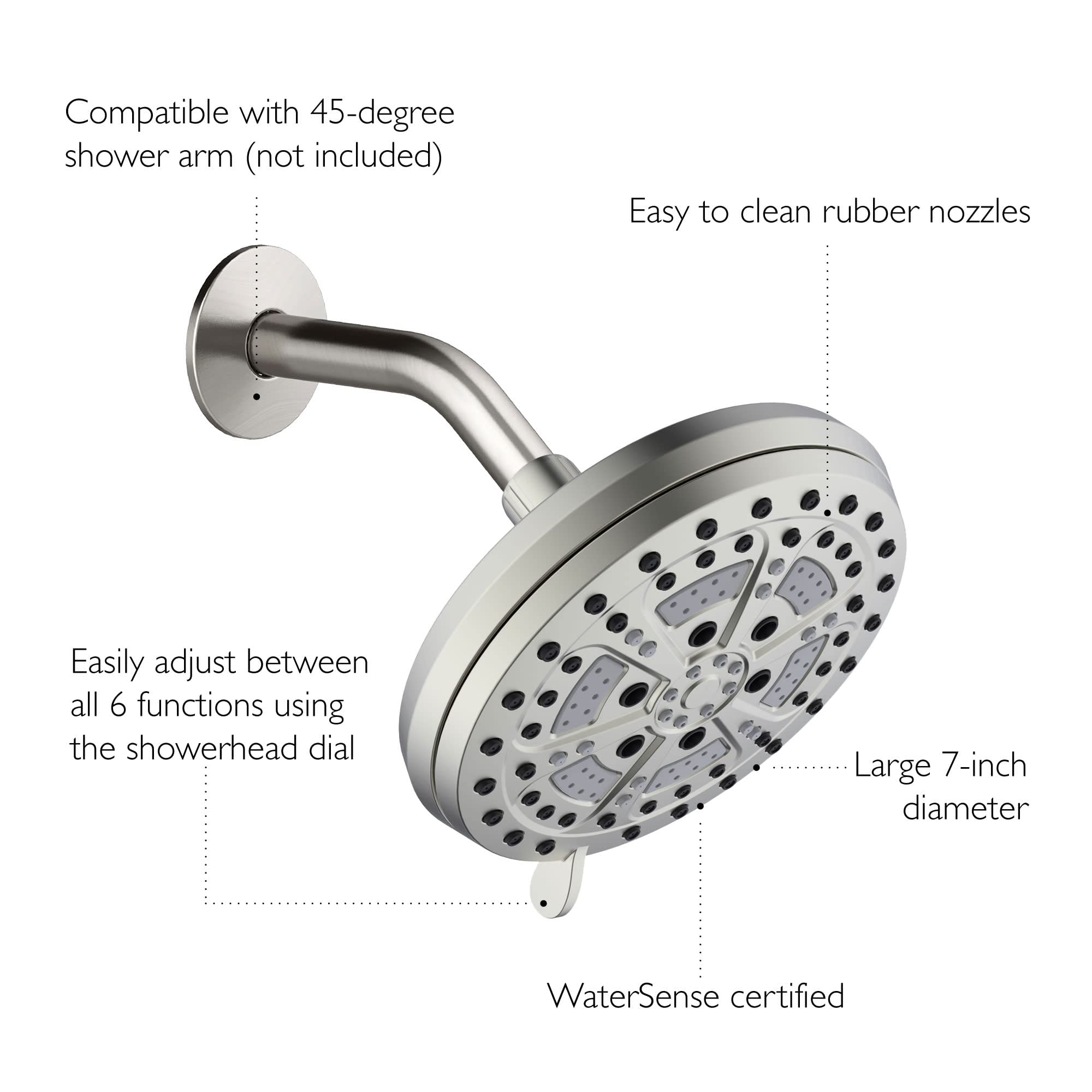 Design House 582700-SN Mills Modern 7-inch 6-Function Shower Head Featuring Eco-Drip Shower Setting for Bathroom, Satin Nickel