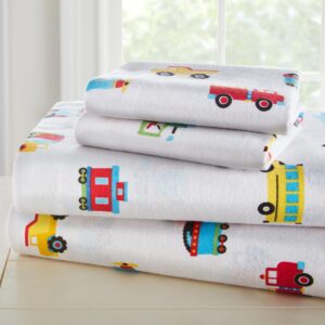 wildkin kids 100% cotton flannel full sheet set for boys & girls, bedding set includes top sheet, fitted sheet & pillow case, bed sheets for cozy cuddles (trains, planes & trucks)