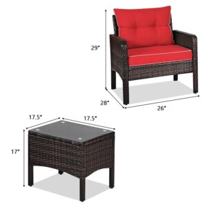 DORTALA 3 Piece Patio Furniture Set, Outdoor Rattan Wicker Conversation Set with Cushions, Glass Top Coffee Table for Garden Balcony Poolside, Red