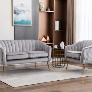 Artechworks Contemporary Tufted Velvet Tub Barrel Loveseat Sofa Chair Upholstered Couch with Golden Metal Legs Club Two-Seat Sofa for Living Reading Room Bedroom Apartment Small Space Dorm, Grey