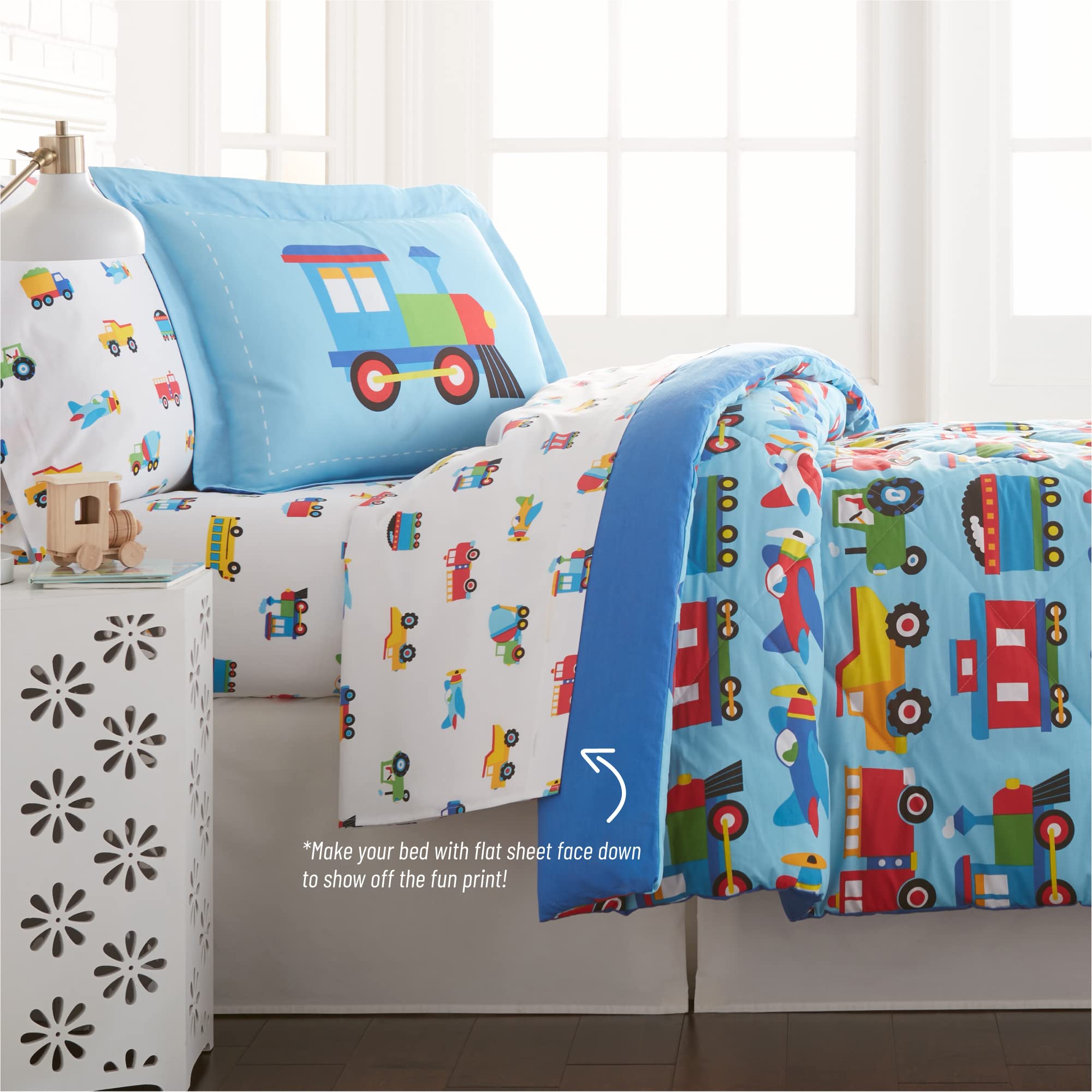 Wildkin Kids 100% Cotton Flannel Full Sheet Set for Boys & Girls, Bedding Set Includes Top Sheet, Fitted Sheet & Pillow Case, Bed Sheets for Cozy Cuddles (Trains, Planes & Trucks)