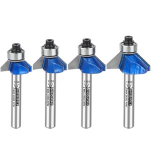 kowood plus 45 degree chamfer router bit set, 1/4 inch shank, cutting diameter in 1/4”, 5/16”, 3/8”, 1/2”.kowood c3 carbide. ideal for angled edges, clean edge or decorative pieces