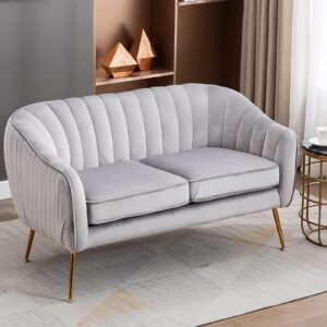 Artechworks Contemporary Tufted Velvet Tub Barrel Loveseat Sofa Chair Upholstered Couch with Golden Metal Legs Club Two-Seat Sofa for Living Reading Room Bedroom Apartment Small Space Dorm, Grey