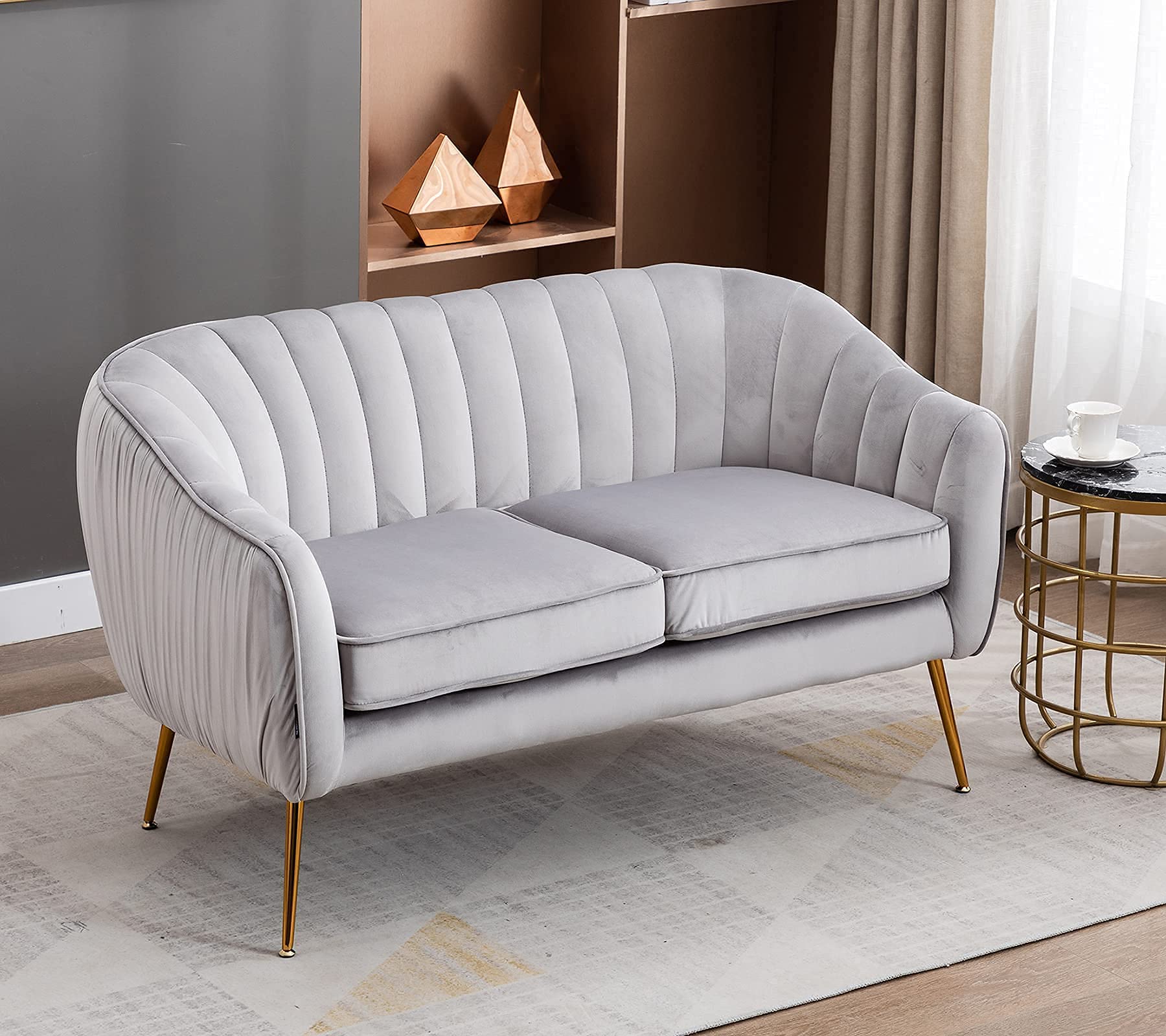 Artechworks Contemporary Tufted Velvet Tub Barrel Loveseat Sofa Chair Upholstered Couch with Golden Metal Legs Club Two-Seat Sofa for Living Reading Room Bedroom Apartment Small Space Dorm, Grey