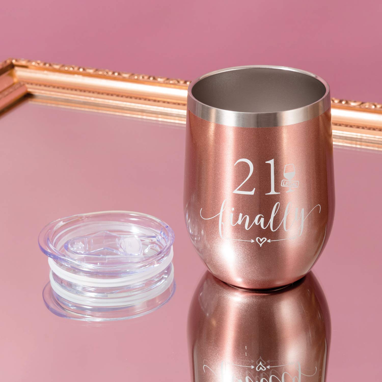 Crisky Rose Gold 21 & Finally Wine Tumbler for Girl 21st Birthday Gifts Funny Ideas for Girlfriend, Sister, Friends, Daughter, Her Wine Glass, Vacuum Insulated Coffee Cup 12oz, with Box, Lid and Straw