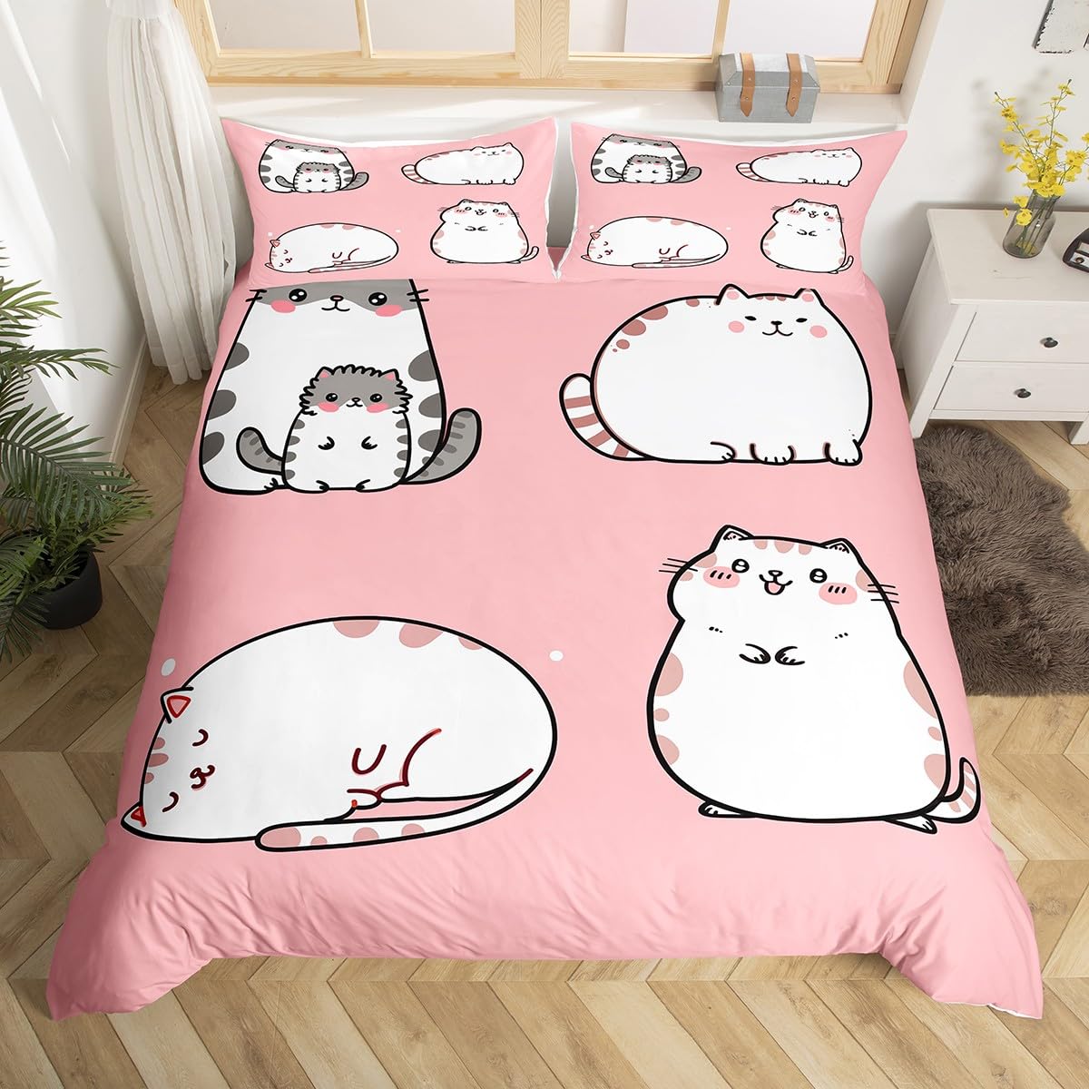 Feelyou Kids Cat Comforter Cover Girls Cute Pet Cats Pattern Bedding Set Cartoon Kitten Print Duvet Cover for Children Boys Microfiber Lovely Animal Bedspread Cover Room Decor Bedclothes Twin Size