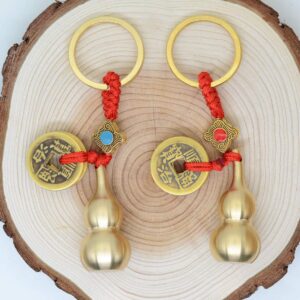 OPG 2 Pieces Gourd Brass Keychains,Feng Shui Luck Coins with Brass Calabash Wu Lou Key Ring for Good Luck, Wealth Success and Longevity, Blessing Paper in it