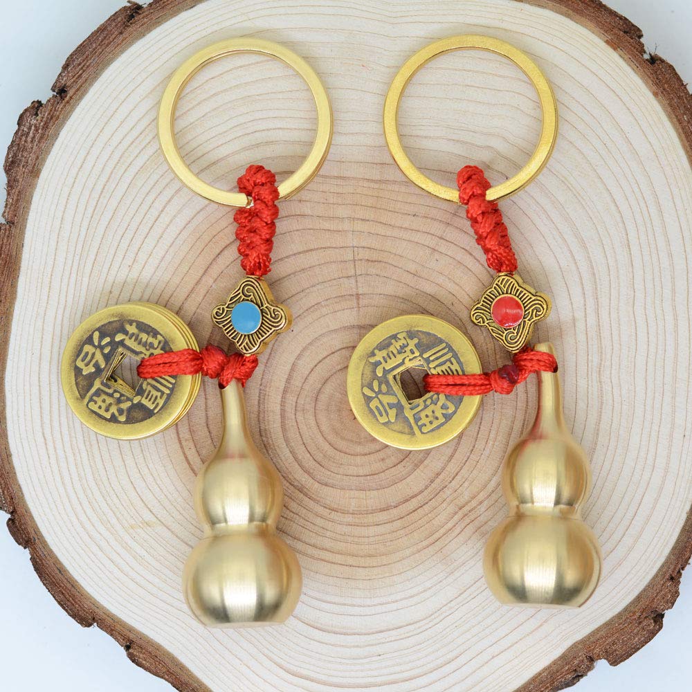 OPG 2 Pieces Gourd Brass Keychains,Feng Shui Luck Coins with Brass Calabash Wu Lou Key Ring for Good Luck, Wealth Success and Longevity, Blessing Paper in it