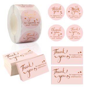 600pcs thank you cards and stickers, gold foil pink thank you business greeting cards 1.5 inch thank you for supporting my small business stickers for online retail shop package inserts