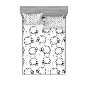 ambesonne funny fitted sheet & pillow sham set, humorous sheep patterns on meadow flower comic doodle playroom kids art print, decorative printed 3 piece bedding decor set, king, dark grey white