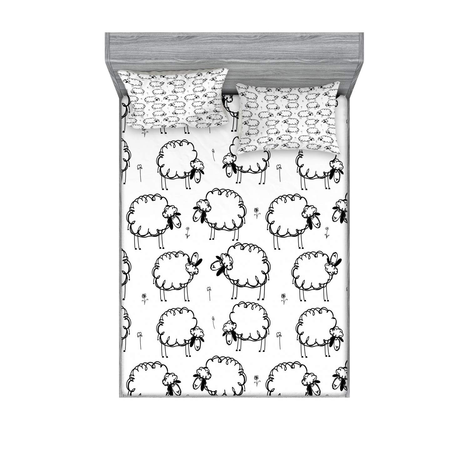 Ambesonne Funny Fitted Sheet & Pillow Sham Set, Humorous Sheep Patterns on Meadow Flower Comic Doodle Playroom Kids Art Print, Decorative Printed 3 Piece Bedding Decor Set, King, Dark Grey White