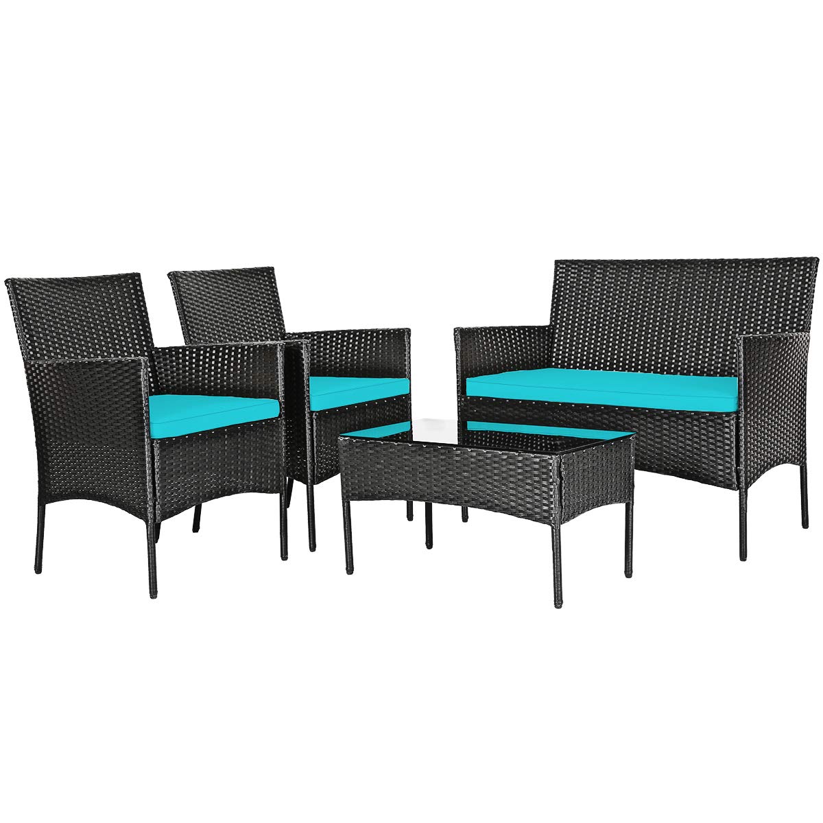 Tangkula 8 Piece Patio Furniture Set, Outdoor Wicker Conversation Set with Tempered Glass Coffee Table, Rattan Loveseat & Chairs Set with Seat Cushions for Backyard, Garden, Poolside (2, Turquoise)