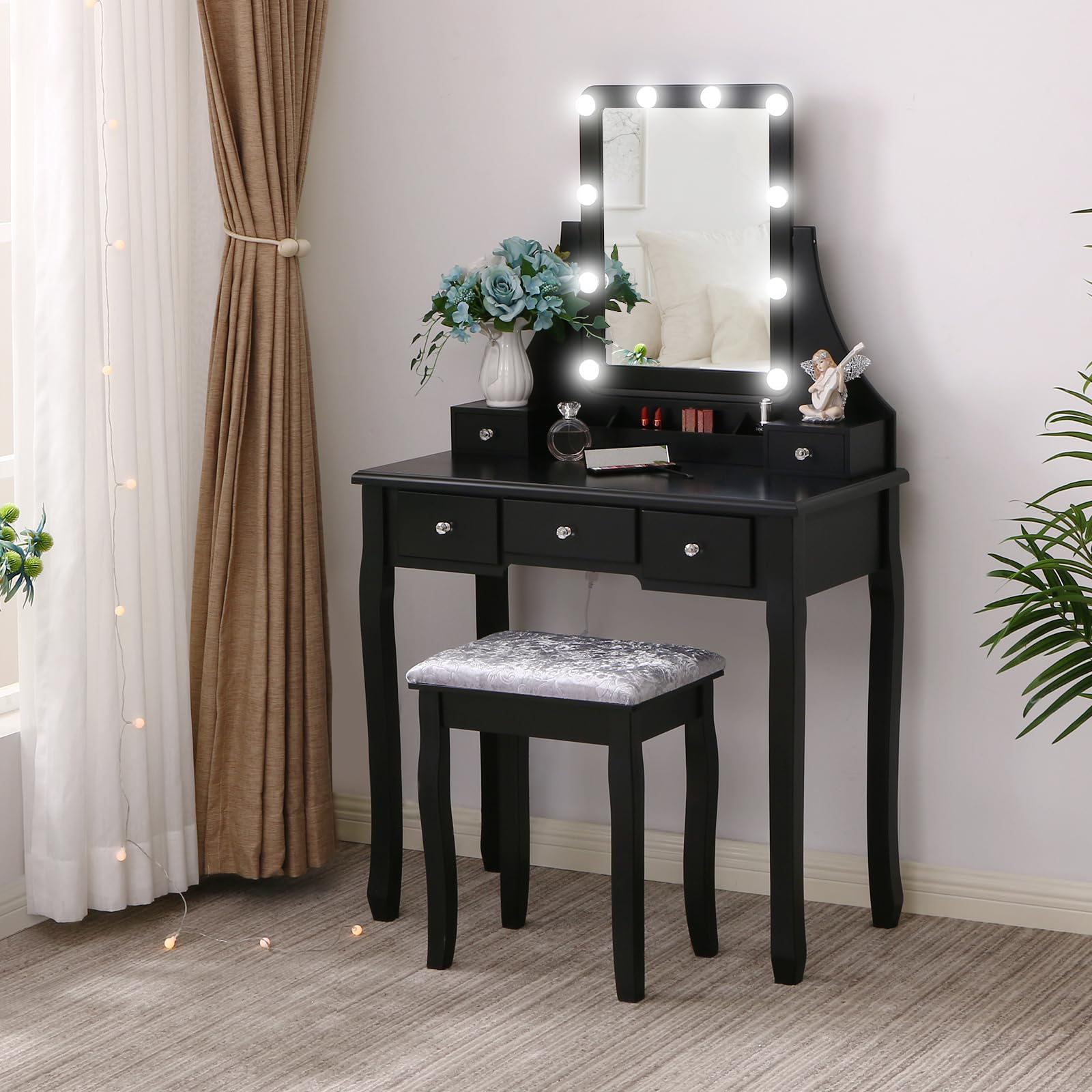 BEWISHOME Vanity Set with Lighted Mirror, 10 LED Dimmable Bulbs, Cushioned Stool, Makeup Vanity Makeup Table Dressing Table 5 Drawers 2 Dividers Removable Organizers Black FST08H